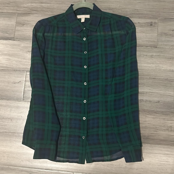 Banana Republic | Tops | Banana Republic Semi Sheer Blue Green Plaid Button Down Blouse Xs ...